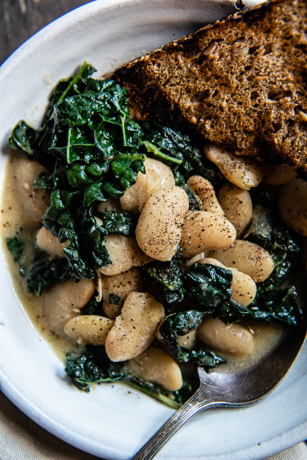 miso brothy beans with greens - Two Red Bowls